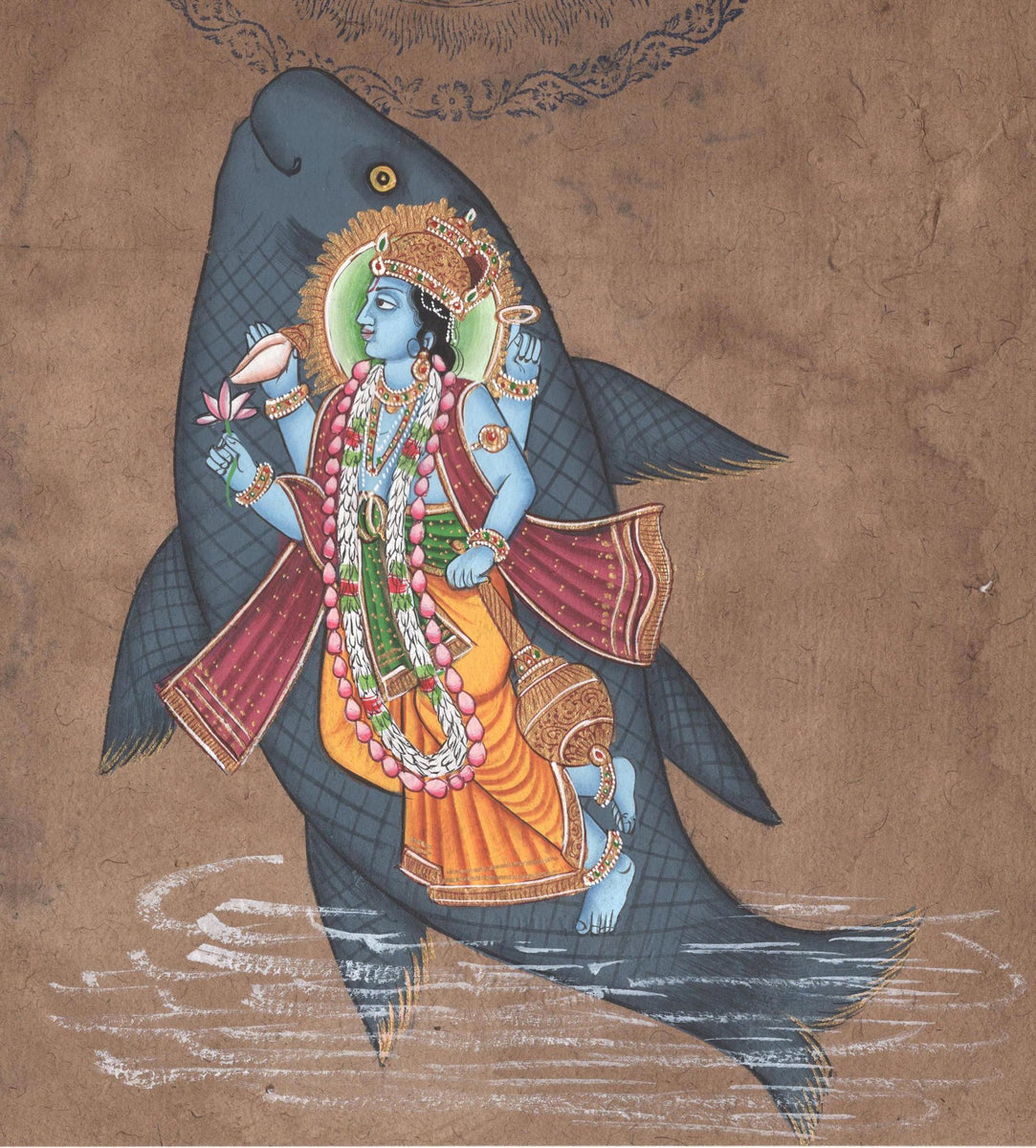 Vishnu Matsya Art Handmade Hindu God Fish Incarnation Avatar Watercolo ...