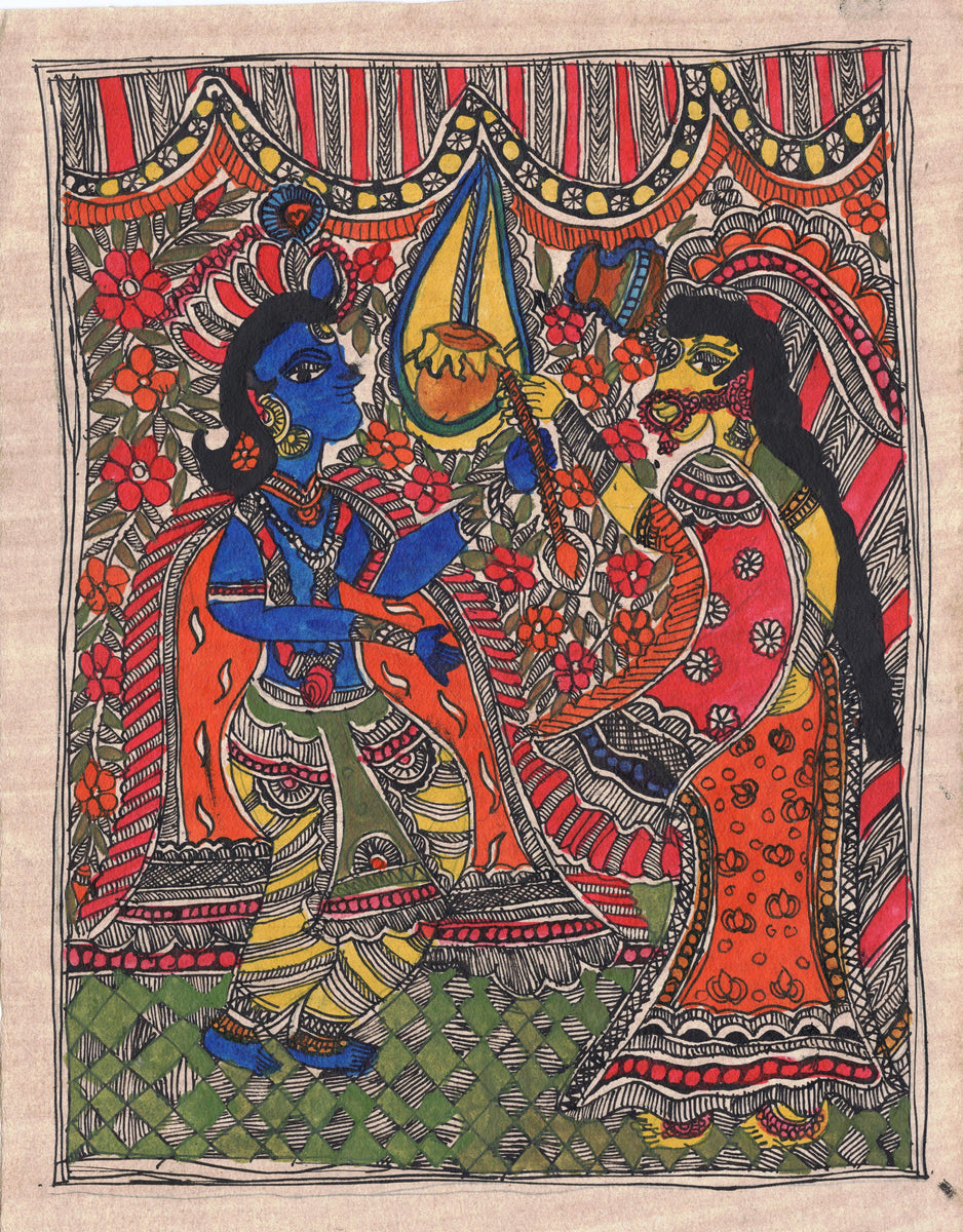 Madhubani Indian Tribal Mithila Folk Painting Handmade Yashoda Krishna ...