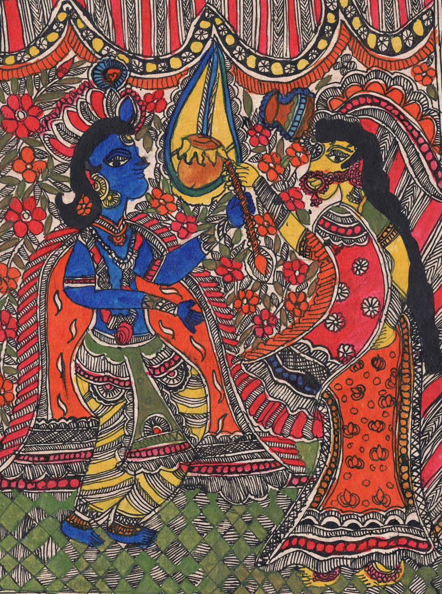 Madhubani Indian Tribal Mithila Folk Painting Handmade Yashoda Krishna ...