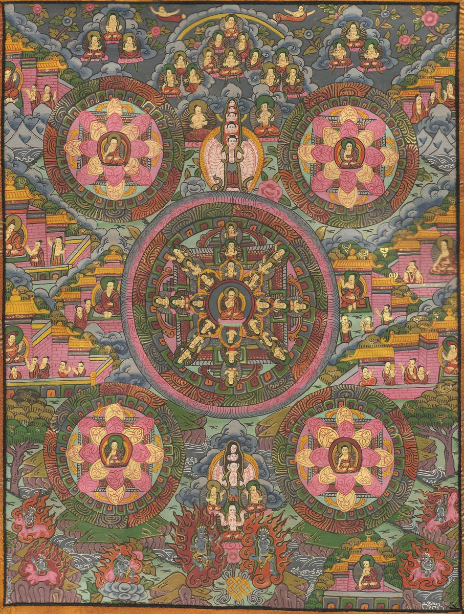 Pancha Buddha Mandala Thangka Art Handmade Tapestry Brocade Wall Decor ...