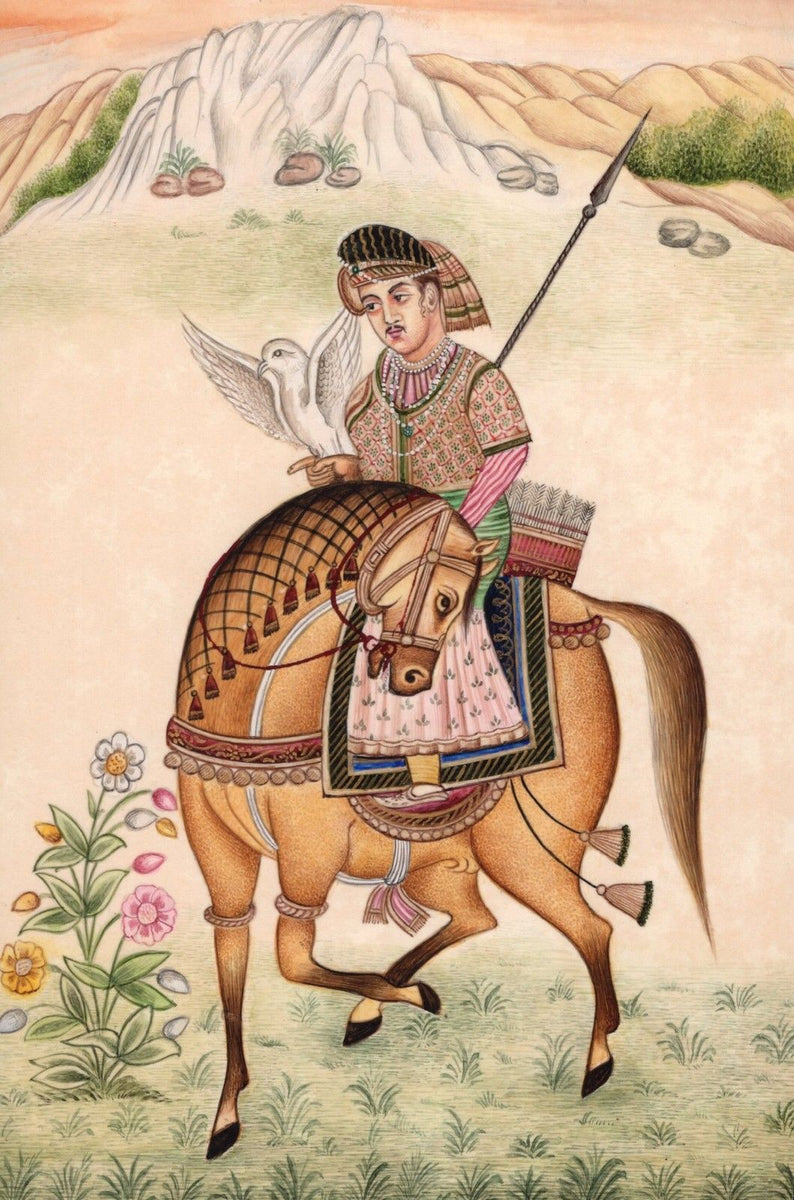 Mughal Dynasty Miniature Painting Stunning Royal Moghul Equestrian Fal ...