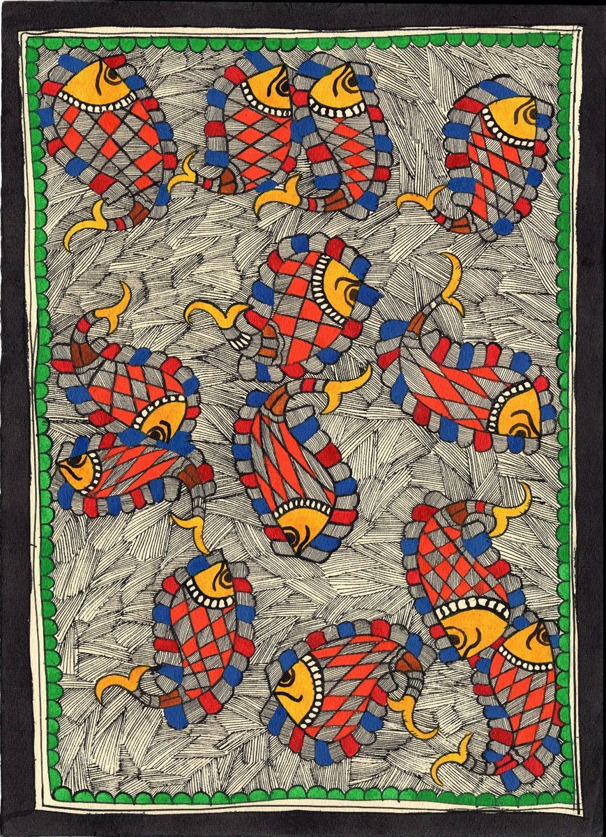 Madhubani Indian Tribal Folk Art Handmade Mithila Bihar Ethnic Fish Pa ...