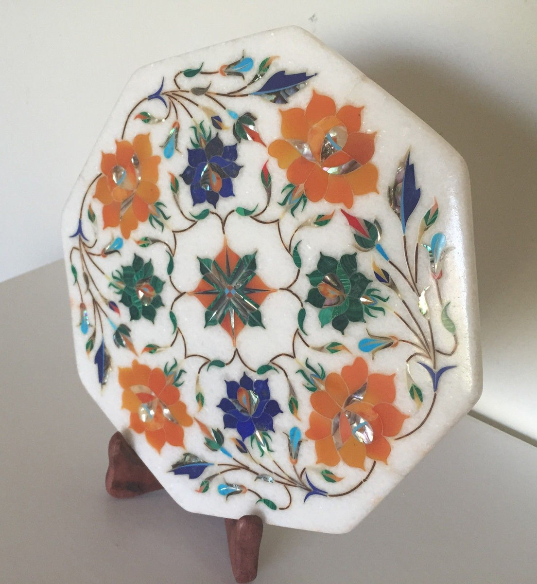Marble Inlay Art Handmade 8″ Parchin Kari Floral Mosaic Home Decor Ind ...