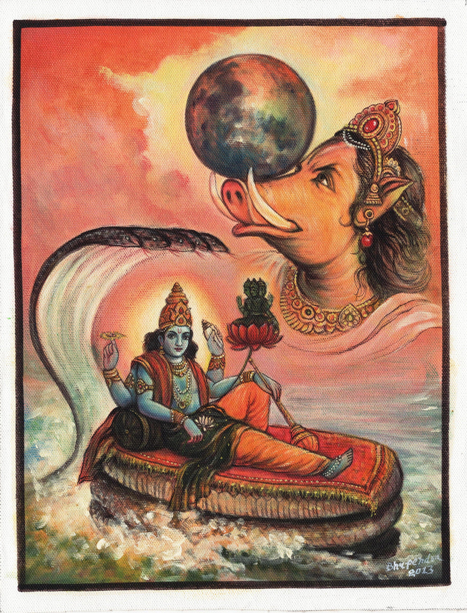 Varaha Vishnu Avatar Oil Color Art Handmade Indian Hindu Brahma Deity ...