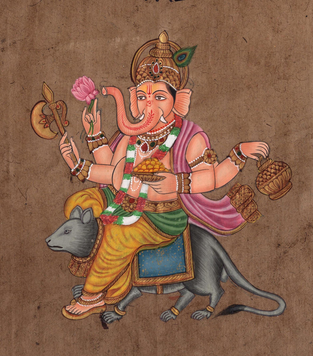 Ganesha Mouse Vahana Painting Handmade Indian Miniature Ethnic Ganesh ...