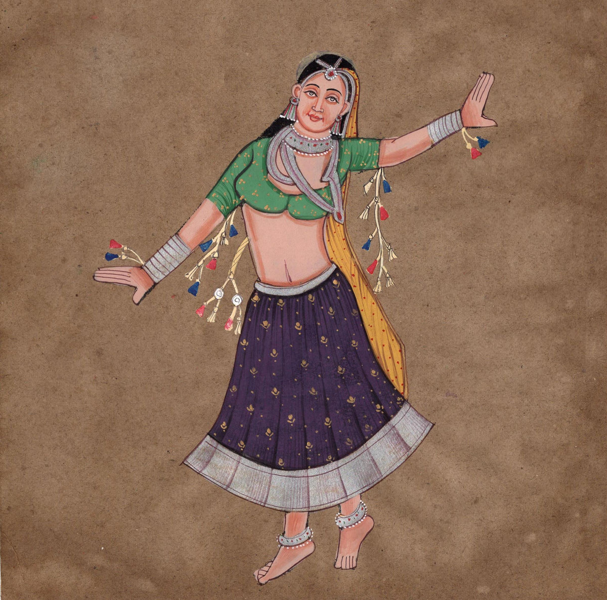 Indian Miniature Painting Hand Painted Dancing Lady Folk Ethnic Waterc ...